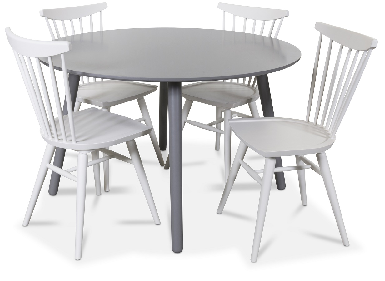 Rosvik matgrupp runt grått matbord med 4 st Thor pinnstolar- Grått ...